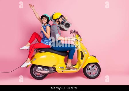 Full length profile side photo of young woman happy positive smile jump up look browse laptop ...