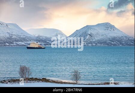 Icebreaker on the Grotsund fjord, north of Tromso, northern Norway ...