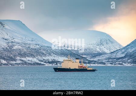 Icebreaker on the Grotsund fjord, north of Tromso, northern Norway ...