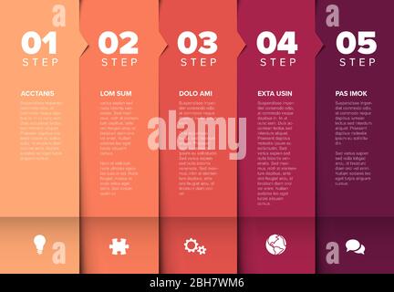 Five vector progress block steps template with descriptions, big numbers. Five fresh color ...