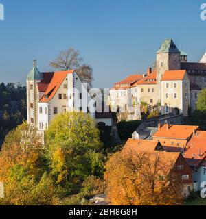 Hohnstein Castle and the village of Hohnstein, Saxon Switzerland. The ...
