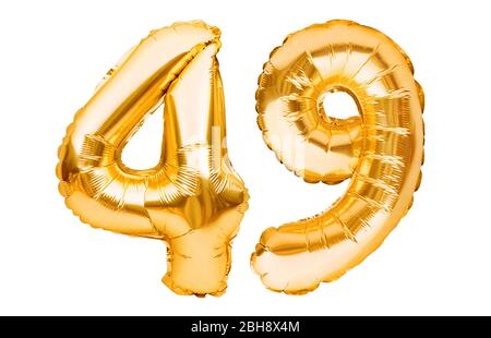 Golden number forty nine 49 made of inflatable balloon with ribbon on ...