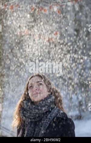 Flakes of snow falling down winter landscape. Winter is Coming Stock ...