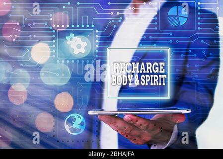 Text sign showing Recharge Body And Spirit. Business photo showcasing fill your energy through ...