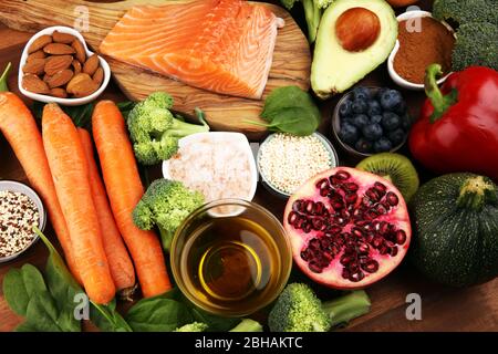 Healthy food clean eating selection. fruit, vegetable, seeds, superfood ...