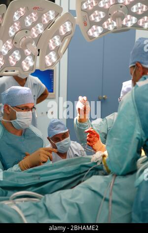 Hip replacement surgery. Surgeons performing hip replacement surgery ...