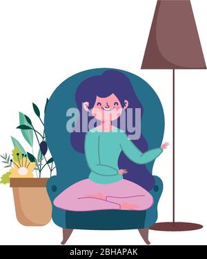 Stay at home. Girl sitting on a chair in the home interior. Vector ...