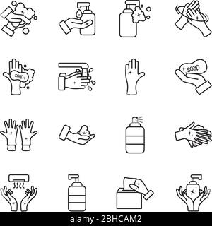 antibacterial bottles and hand hygiene icon set over white background ...