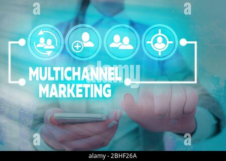 Writing note showing Multichannel Marketing. Business photo showcasing ...