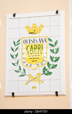 Tile crest on Grand Hotel Quisisana, Capri Island, Bay of Naples, Italy ...