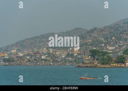 View from sea of Freetown, the capital city of Sierra Leone with slums ...