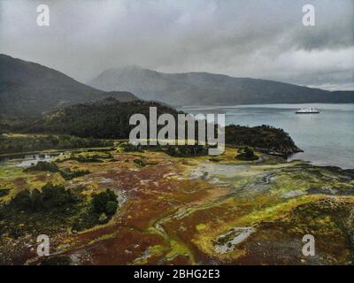 Aerial view of Ainsworth Bay. The coastal inlet of Ainsworth Bay is fed ...