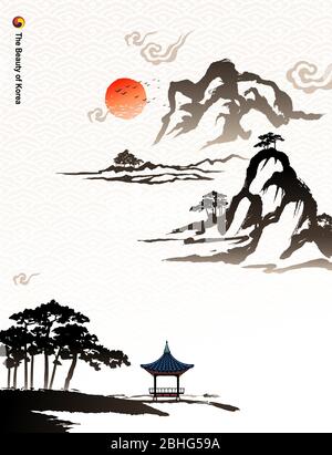 Beautiful Korea, mountains, trees, houses, calligraphy brush painting ...