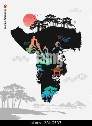 Beautiful Korea, mountains, pine trees, hanok, rural nature landscape ...