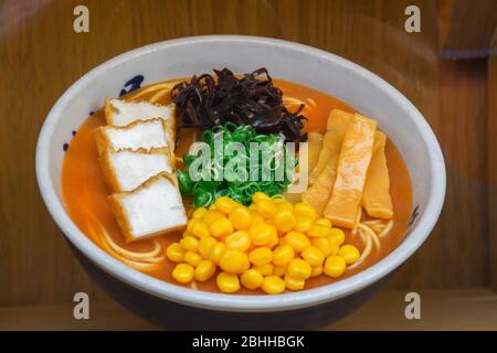 Fake japanese ramen soup bowls presentation at a restaurant menu ...
