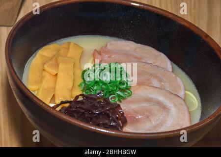 Fake japanese ramen soup bowls presentation at a restaurant menu ...