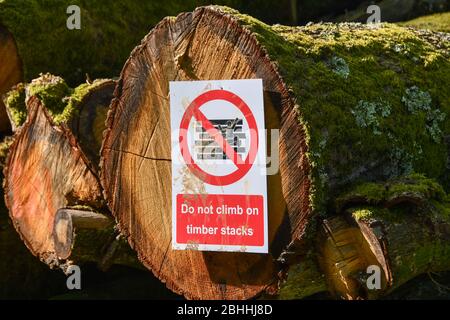 warning sign, Do not climb on timber stacks Stock Photo - Alamy