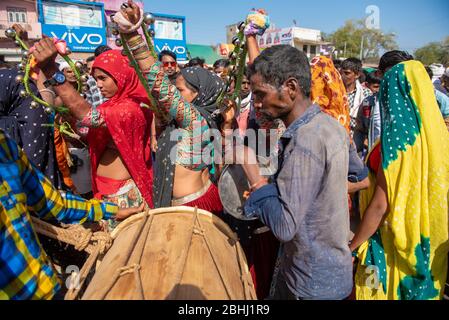 Jhabua / India 8 January 2020 Indian bhil tribal young women dancing on ...