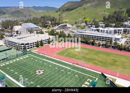 Aerial view above the campus of Cal Poly San Luis Obispo, California ...