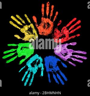 Rainbow color hands print in circle on white background isolated ...