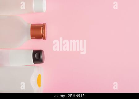 Group of plastic bodycare bottle Flat lay composition with cosmetic ...