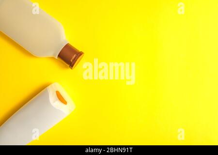 Group of plastic bodycare bottle Flat lay composition with cosmetic ...