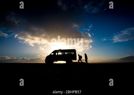 The black sand spit and mountainous backdrop at Eystrahorn, Iceland ...