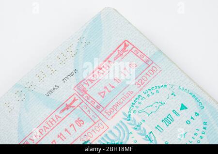 Ukraine border crossing stamps in an open Russian passport Ukraine Lviv ...