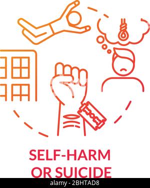 Self-harm linear icon. Cut hand with razor blade. Mental disorder. Hurt ...
