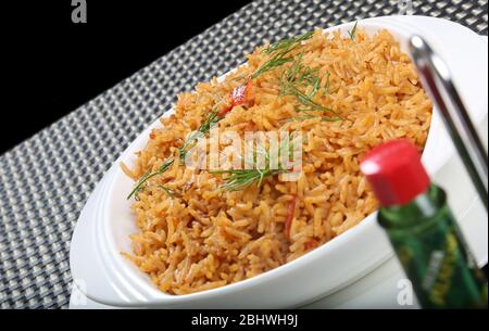 Kabsa dish (Arabic famous traditional food. Mandi rice with grilled ...