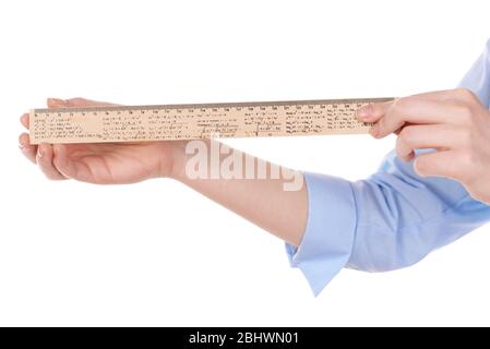 Female hands with wooden ruler isolated on white Stock Photo - Alamy
