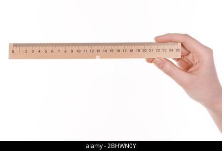Female hand with wooden ruler isolated on white Stock Photo - Alamy