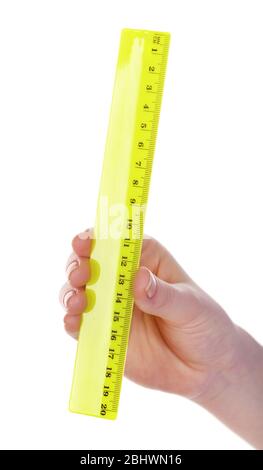 Female hand with plastic ruler isolated on white Stock Photo - Alamy