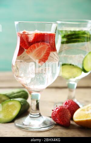 Glasses of different home made freshness healthy vitamin-fortified ...