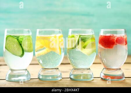 Glasses of different home made freshness healthy vitamin-fortified ...