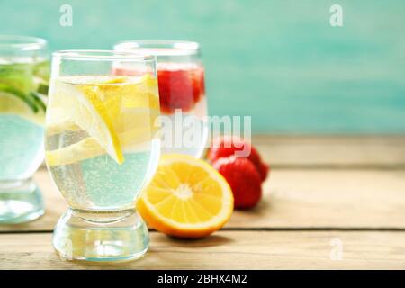 Glasses of different home made freshness healthy vitamin-fortified ...