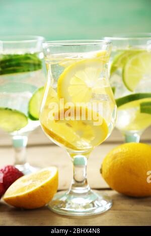 Glasses of different home made freshness healthy vitamin-fortified ...