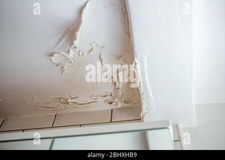 Peeling bathroom ceiling paint caused by excess moisture and ...