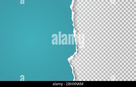 Torn, ripped piece of vertical blue paper with soft shadow is on white ...