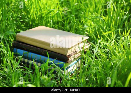 Stacked books in grass, outside Stock Photo - Alamy