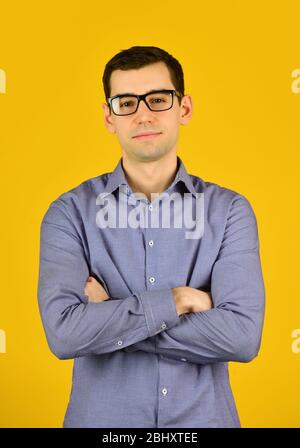 Smart boy. Bad eyesight. Cool guy wear eyeglasses yellow background ...