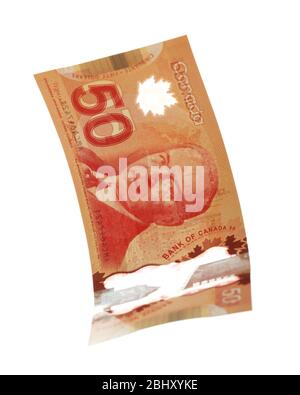 50 dollars flying on white background. USA banknotes at different ...