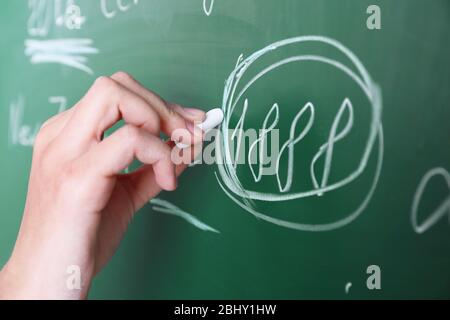 Female hand writing sentences on blackboard with chalk close up Stock ...