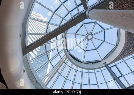 Interior design, internal view of administration building, glass roof ...