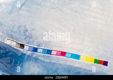 Colour registration strip on plastic packaging. For CMYK process ...