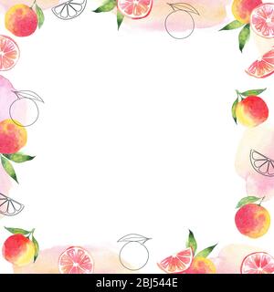 Watercolor square frame of greenery and grapefruit isolated on white background Stock Photo - Alamy