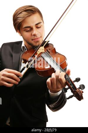 Handsome man plays violin isolated on white background, close up Stock ...