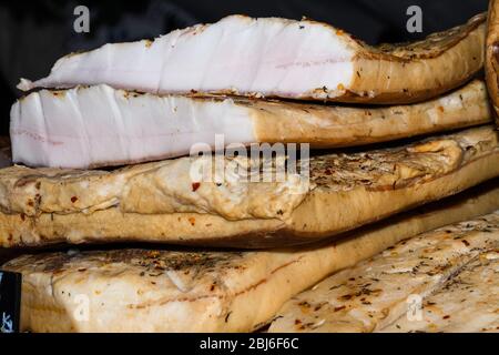 Romanian traditional salty pork belly specialty named slanina, on ...