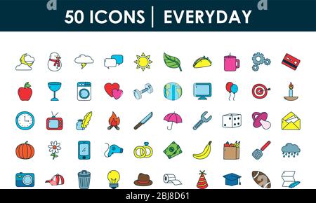 fruits and everyday icon set over white background, line and fill style ...