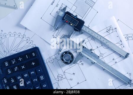 Set of engineering drawings, top view Stock Photo - Alamy